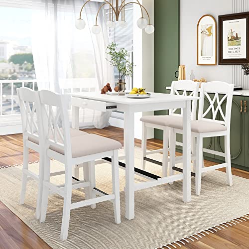 JIVOIT Counter Height 5-Piece Dining Table Set with 4 Upholstered Chairs, Solid Wood Casual Kitchen Set with 1 Storage Drawer, Save-Space Dining Table Set for 4 (White+Beige 001)