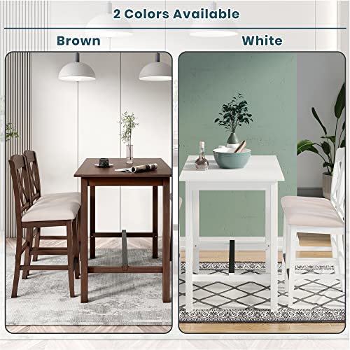 JIVOIT Counter Height 5-Piece Dining Table Set with 4 Upholstered Chairs, Solid Wood Casual Kitchen Set with 1 Storage Drawer, Save-Space Dining Table Set for 4 (White+Beige 001)