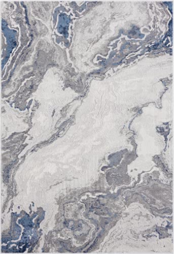 Abani Atlas 4'x6' Blue/Grey Area Rug, Abstract Marble - Durable Non-Shedding - Easy to Clean