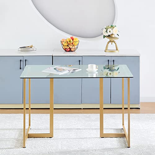 FurnitureR 47" Modern Rectangular Spacious Tempered Glass Tabletop & Gold Base Elegant Home Kitchen Room Dining Table, Gold