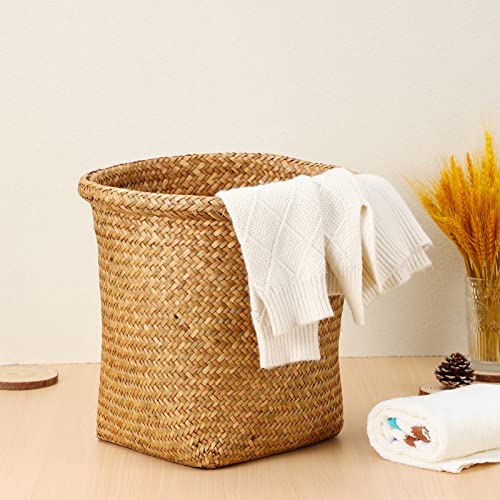 Operitacx Waste Basket Basket Woven Waste Rattan Trash Laundry Hamper Trash Can Garbage Container Bin Storage for Plant Pot Clothes Sundries 10.4X11.4 inch Laundry Wicker Seagrass Baskets