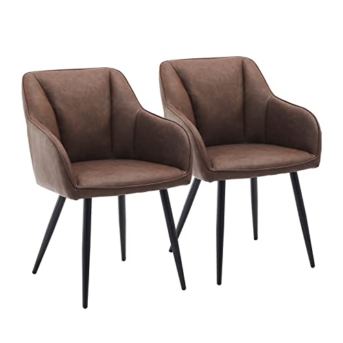 CLIPOP Modern Dining Chairs Set of 2, Upholstered Faux Leather Accent Chairs with Metal Legs, Armchair Desk Chair Thick Sponge Seat for Living Room Bedroom Guest Room, Brown