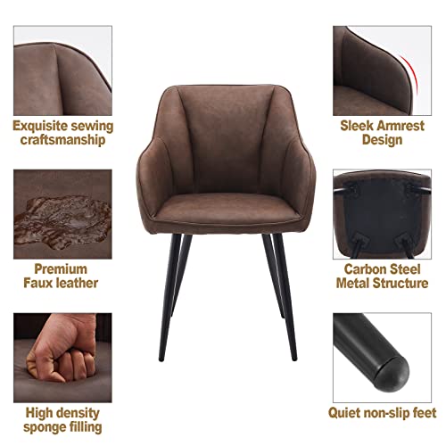 CLIPOP Modern Dining Chairs Set of 2, Upholstered Faux Leather Accent Chairs with Metal Legs, Armchair Desk Chair Thick Sponge Seat for Living Room Bedroom Guest Room, Brown