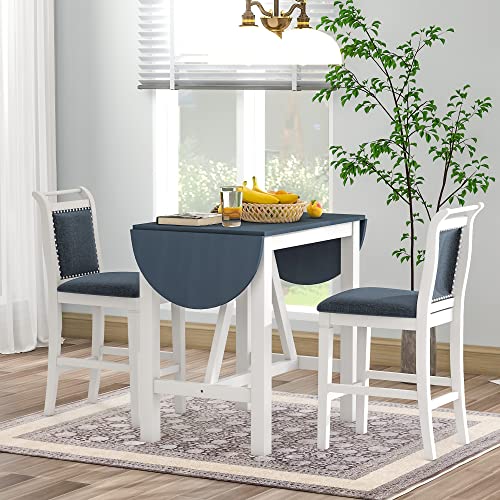 Merax 3-Piece Wood Counter Height Drop Leaf Dining Table Set with 2 Upholstered Chairs for Small Place, Grey