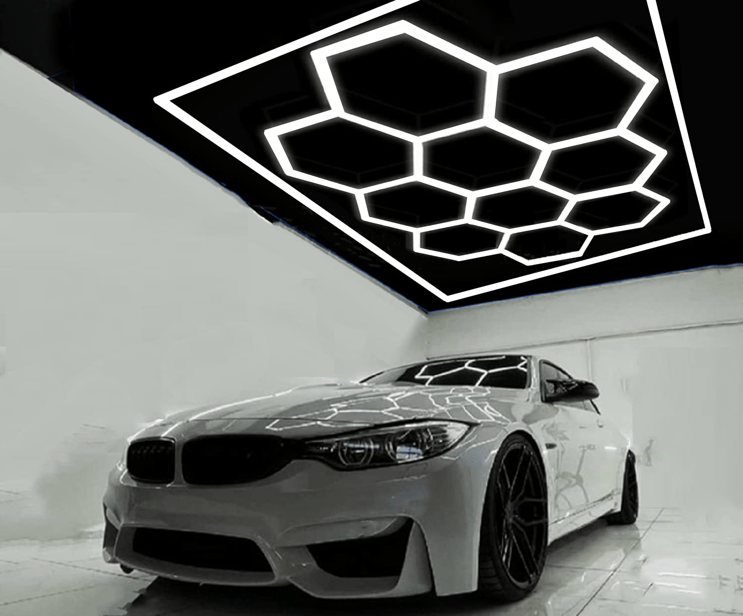 SENKOYU with Bezel 10 Honeycomb LED Garage Light, DIY Plug-in LED Auto Repair Detail Light, 6500K Daylight White AC85-220V for car Detailing, Salon, Gym, Store, Basement 165.3in x 141.7in