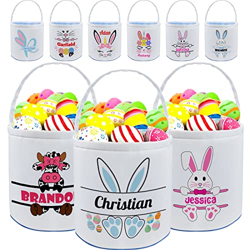 Personalized Easter Baskets Bunny for Boys Girls Custom Name Easter Basket Egg Canvas Tote Bag with Handle Kids Gift Blue