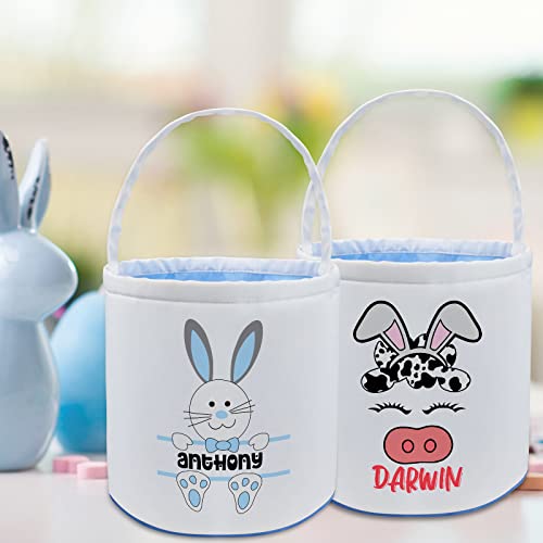 Personalized Easter Baskets Bunny for Boys Girls Custom Name Easter Basket Egg Canvas Tote Bag with Handle Kids Gift Blue