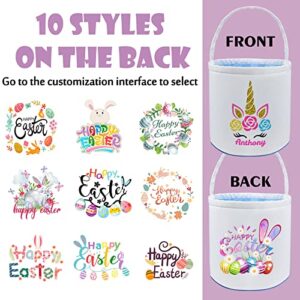 Personalized Easter Baskets Bunny for Boys Girls Custom Name Easter Basket Egg Canvas Tote Bag with Handle Kids Gift Blue