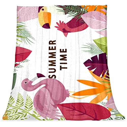 Plush Blanket Throw Blanket Warm Cozy Soft Microfiber Blankets, Modern Cartoon Tropical Flamingo Parrot