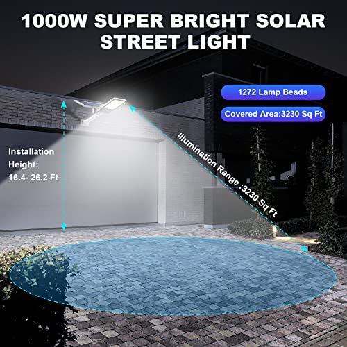 BUYTHA Solar Street Light,1000W LED Solar Street Lights Outdoor Waterproof, 100000LM Dusk to Dawn Super Bright Street Lights Solar Powered with Remote Control for Parking Lot Patio,Yard and Garage