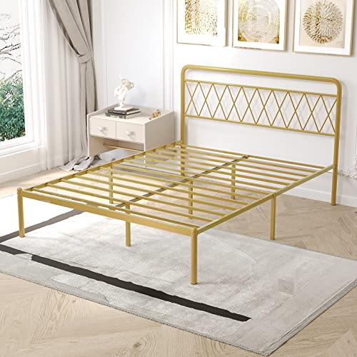 Orweiin Gold Full Size Bed Frame with Headboard, Metal Platform, Full with Under Bed Storage, Heavy Duty, No Box Spring Needed, Easy Assembly, Gold