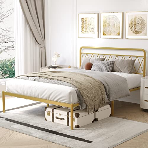 Orweiin Gold Full Size Bed Frame with Headboard, Metal Platform, Full with Under Bed Storage, Heavy Duty, No Box Spring Needed, Easy Assembly, Gold