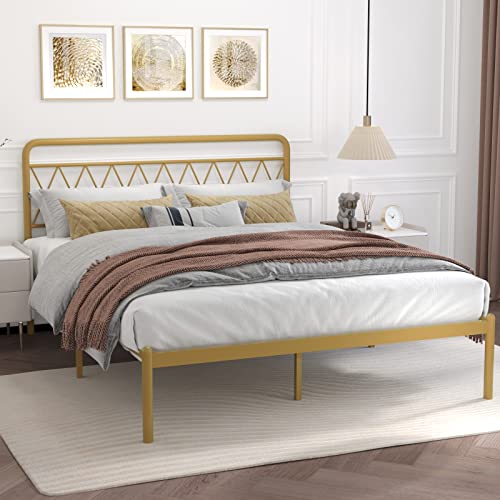 Orweiin Gold Full Size Bed Frame with Headboard, Metal Platform, Full with Under Bed Storage, Heavy Duty, No Box Spring Needed, Easy Assembly, Gold