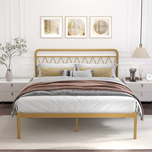 Orweiin Gold Full Size Bed Frame with Headboard, Metal Platform, Full with Under Bed Storage, Heavy Duty, No Box Spring Needed, Easy Assembly, Gold