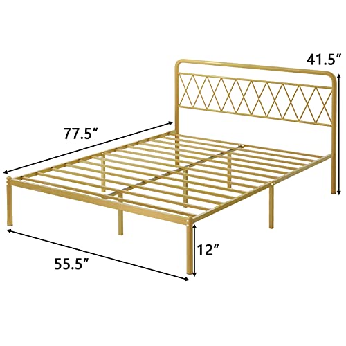 Orweiin Gold Full Size Bed Frame with Headboard, Metal Platform, Full with Under Bed Storage, Heavy Duty, No Box Spring Needed, Easy Assembly, Gold