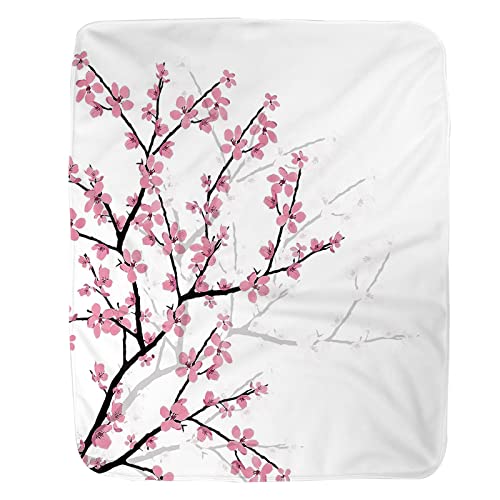 Pink Flower Sakura Plum Blossom Throw Blanket Cherry Japanese Asian Style Soft and Comfortable Fleece Flannel Big Blanket for Bedding Office Sofa and Chair Decor Gift (60 x 80 inches)