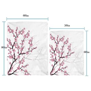 Pink Flower Sakura Plum Blossom Throw Blanket Cherry Japanese Asian Style Soft and Comfortable Fleece Flannel Big Blanket for Bedding Office Sofa and Chair Decor Gift (60 x 80 inches)