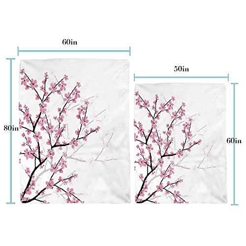 Pink Flower Sakura Plum Blossom Throw Blanket Cherry Japanese Asian Style Soft and Comfortable Fleece Flannel Big Blanket for Bedding Office Sofa and Chair Decor Gift (60 x 80 inches)