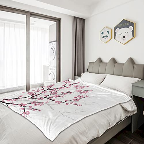 Pink Flower Sakura Plum Blossom Throw Blanket Cherry Japanese Asian Style Soft and Comfortable Fleece Flannel Big Blanket for Bedding Office Sofa and Chair Decor Gift (60 x 80 inches)