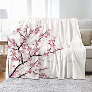 Pink Flower Sakura Plum Blossom Throw Blanket Cherry Japanese Asian Style Soft and Comfortable Fleece Flannel Big Blanket for Bedding Office Sofa and Chair Decor Gift (60 x 80 inches)