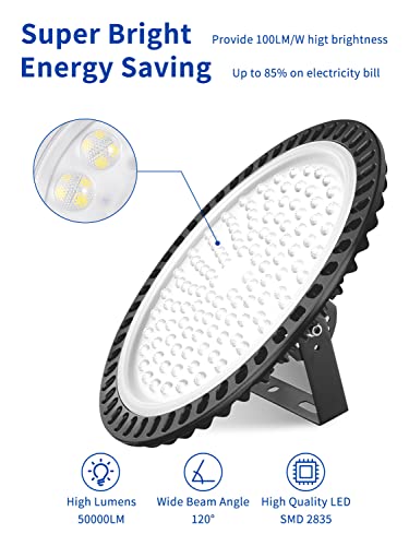 wowspeed LED High Bay Light,500W 50000LM UFO LED High Bay Light,6500K Daylight LED Shop Light, IP65 Waterproof LED Commercial Warehouse Area Light,LED Garage Light for Garage Gym Factory Warehouse