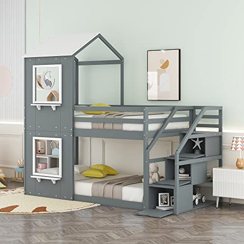 LOVMOR Twin Over Twin Bunk Bed with Storage Stairs,Wood Bed with Roof, Window, Guardrail, Ladder，Gray+White