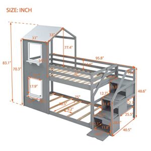 LOVMOR Twin Over Twin Bunk Bed with Storage Stairs,Wood Bed with Roof, Window, Guardrail, Ladder，Gray+White