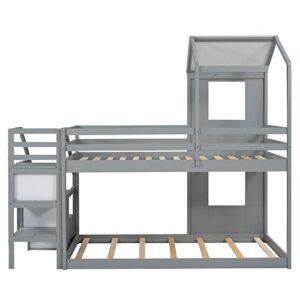 LOVMOR Twin Over Twin Bunk Bed with Storage Stairs,Wood Bed with Roof, Window, Guardrail, Ladder，Gray+White