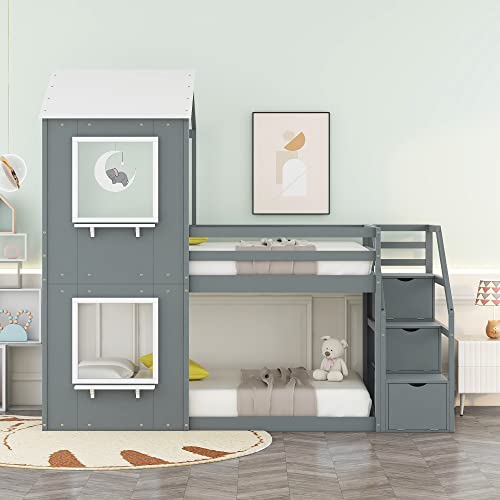 LOVMOR Twin Over Twin Bunk Bed with Storage Stairs,Wood Bed with Roof, Window, Guardrail, Ladder，Gray+White