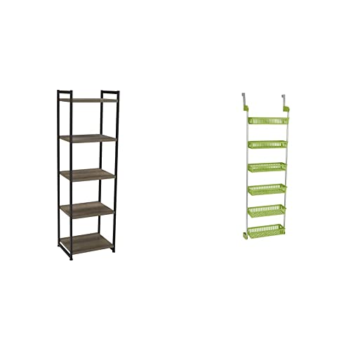 Household Essentials 5 Tier Storage Tower Metal, Grey Shelf – Black Frame, Ashwood & 6-Tier Basket Over-The-Door Organizer, Lime