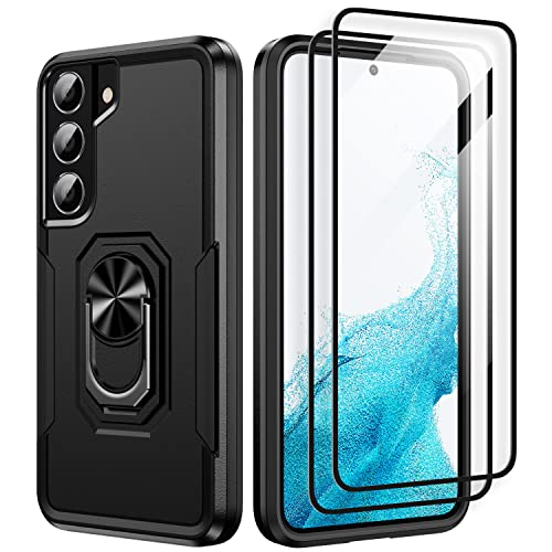 Samsung Galaxy S22 Case with Screen Protector, Military Grade Dual Layer Shockproof Heavy Duty Shockproof Full Body Protective Phone Cover, Built in Rotatable Magnetic Ring Holder for S22 5G (Black)