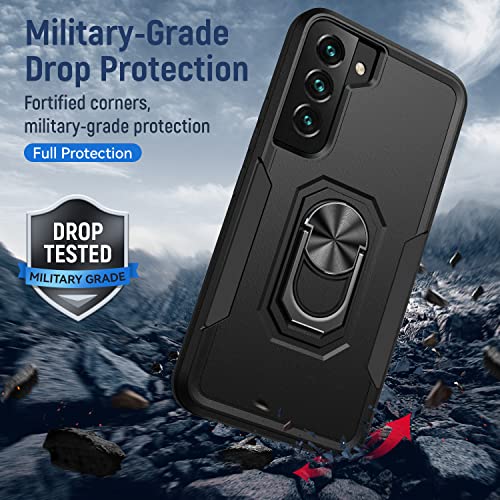 Samsung Galaxy S22 Case with Screen Protector, Military Grade Dual Layer Shockproof Heavy Duty Shockproof Full Body Protective Phone Cover, Built in Rotatable Magnetic Ring Holder for S22 5G (Black)