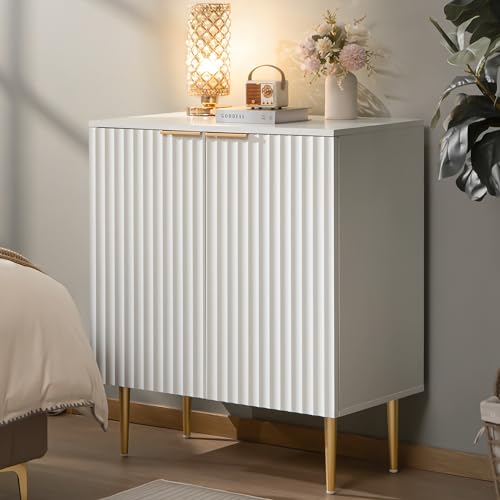 SICOTAS Fluted White Storage Cabinet, Wood Sideboard Buffet Cabinet with Spray-Painted Finish, Multifunctional Console Table with Storage Credenza Accent Cabinet for Living Room, Dining Room, Hallway