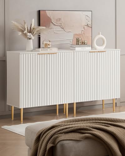 SICOTAS Fluted White Storage Cabinet, Wood Sideboard Buffet Cabinet with Spray-Painted Finish, Multifunctional Console Table with Storage Credenza Accent Cabinet for Living Room, Dining Room, Hallway