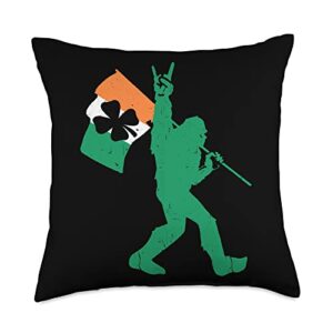 bigfoot clover leaf st patricks day irish shamrock st. patrick's day 2023 bigfoot irish saint paddy's gifts tee throw pillow, 18x18, multicolor