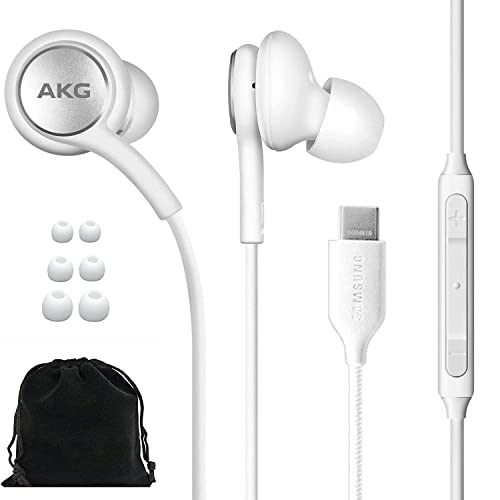 SAMSUNG AKG Earbuds Original USB Type C in-Ear Earbud Headphones with Remote & Mic for Galaxy S23 Ultra, A53 5G, S22, S21 FE, S20, Note 10, 10+, S10 Plus - Braided - Includes Velvet Pouch - White