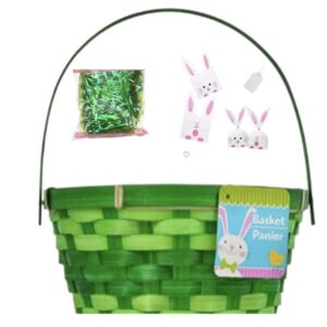 woven bright bamboo easter baskets with hinged handles with easter grass purple pink green blue 9.125x9.875x8.5-in. with dtjs special easter bonus (green)