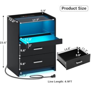 AOGLLATI LED Nightstand Set of 2 with Charging Station, Night Stand with Pull-Out Shelf, 2 Drawers, Bedside Table with LED Lights, Modern End Table with USB Ports Outlets, 2 Pack, Black