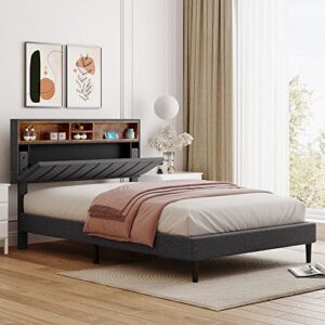 merax modern upholstered platform bed with storage headboard and usb port wood bed frame no box spring needed/easy assembly queen, gray