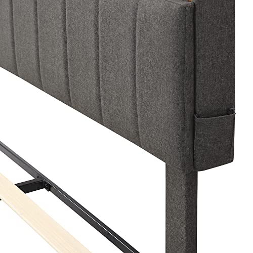 Merax Modern Upholstered Platform Bed with Storage Headboard and USB Port Wood Bed Frame No Box Spring Needed/Easy Assembly Queen, Gray