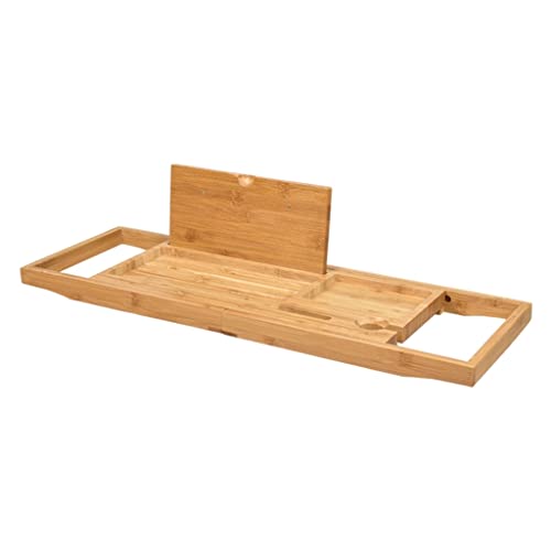 LUKEO Wooden Bath Caddy Tray Extendable Bathtub Bridge Board Shelf Wint Book / Tablet Stand Wine Candle Holder