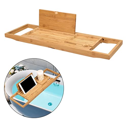 LUKEO Wooden Bath Caddy Tray Extendable Bathtub Bridge Board Shelf Wint Book / Tablet Stand Wine Candle Holder