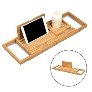 LUKEO Wooden Bath Caddy Tray Extendable Bathtub Bridge Board Shelf Wint Book / Tablet Stand Wine Candle Holder