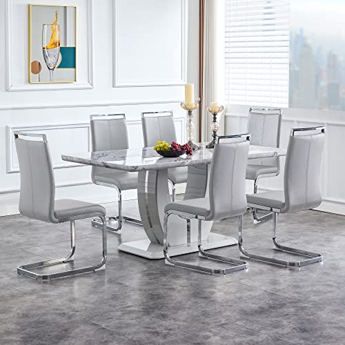 JUFU Modern Dining Table Set for 6,Rectangula Kitchen Table Set with Faux Marble Tabletop＆6 Pu Leather Upholstered Chairs Ideal for Dining Room, Kitchen (Light Grey, 1 Table with 6 Chairs)