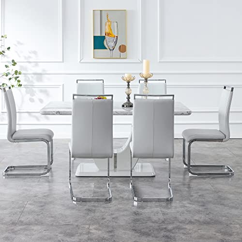 JUFU Modern Dining Table Set for 6,Rectangula Kitchen Table Set with Faux Marble Tabletop＆6 Pu Leather Upholstered Chairs Ideal for Dining Room, Kitchen (Light Grey, 1 Table with 6 Chairs)