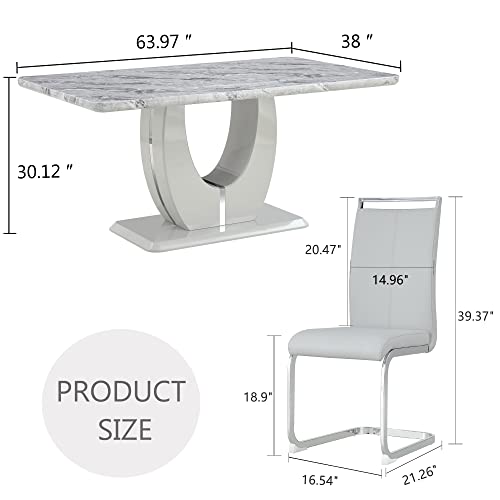 JUFU Modern Dining Table Set for 6,Rectangula Kitchen Table Set with Faux Marble Tabletop＆6 Pu Leather Upholstered Chairs Ideal for Dining Room, Kitchen (Light Grey, 1 Table with 6 Chairs)