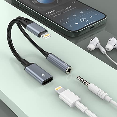 2-in-1 Lightning to 3.5mm Jack Headphone and Charger Cable Adapter,【Apple MFi Certified】 Earphones Converter Splitter Support Music+Charge+HiFi+Mic+Control for iPhone 14 Pro Max/14 13 12 11