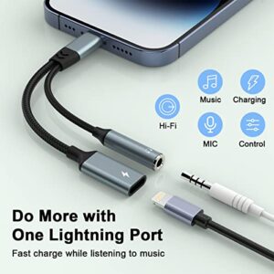 2-in-1 Lightning to 3.5mm Jack Headphone and Charger Cable Adapter,【Apple MFi Certified】 Earphones Converter Splitter Support Music+Charge+HiFi+Mic+Control for iPhone 14 Pro Max/14 13 12 11