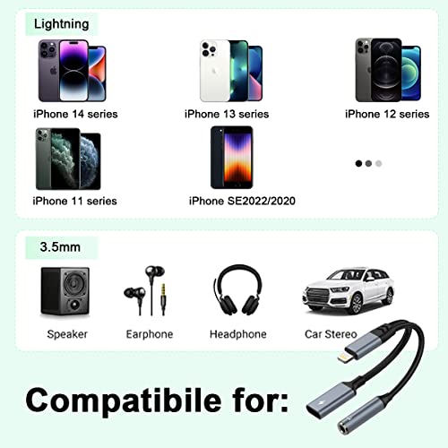 2-in-1 Lightning to 3.5mm Jack Headphone and Charger Cable Adapter,【Apple MFi Certified】 Earphones Converter Splitter Support Music+Charge+HiFi+Mic+Control for iPhone 14 Pro Max/14 13 12 11