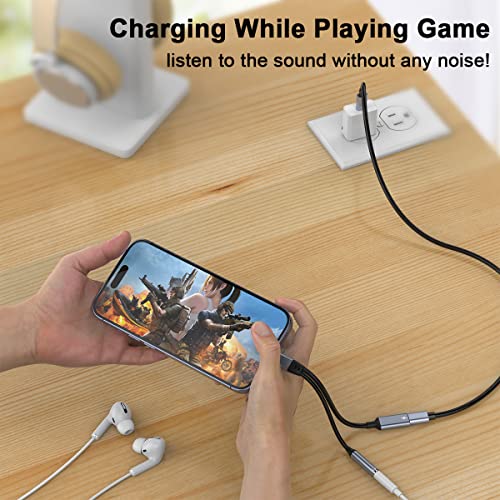 2-in-1 Lightning to 3.5mm Jack Headphone and Charger Cable Adapter,【Apple MFi Certified】 Earphones Converter Splitter Support Music+Charge+HiFi+Mic+Control for iPhone 14 Pro Max/14 13 12 11